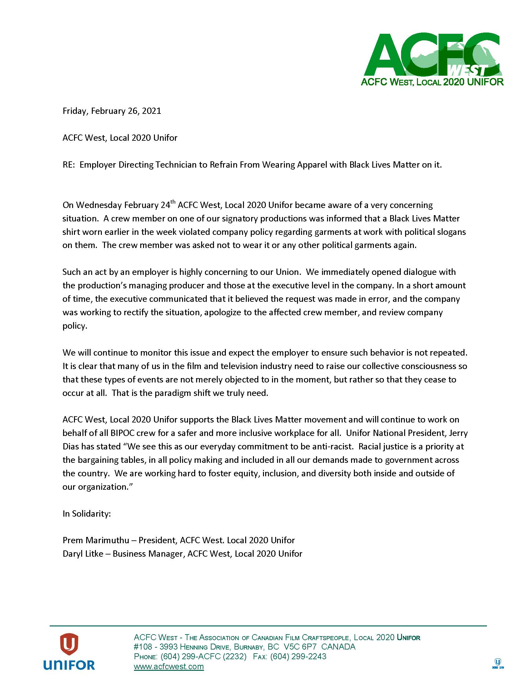 ACFC Statement on BLM Clothing Incident - ACFC West, Local 2020 Unifor
